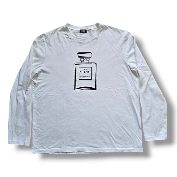 CHANEL | Tops | Chanel Uniform No 5 Print Logo T Shirt White Long ...